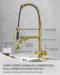 WOWOW® Three-Handle Pre-Rinse Spring Brushed Gold Pull-Down Kitchen ...