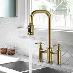 WOWOW® Two-Handle Bridge Brushed Gold Pull-Down Kitchen Faucet at Menards®