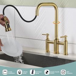 WOWOW® Two-Handle Bridge Brushed Gold Pull-Down Kitchen Faucet at Menards®