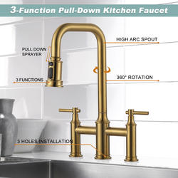 WOWOW® Two-Handle Bridge Brushed Gold Pull-Down Kitchen Faucet at Menards®