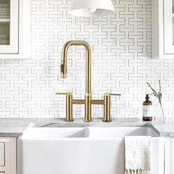 WOWOW® Two-Handle Bridge Brushed Gold Pull-Down Kitchen Faucet at Menards®
