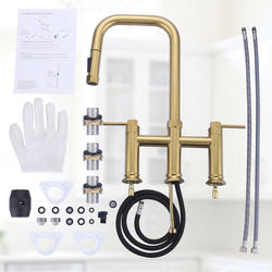 WOWOW® Two-Handle Bridge Brushed Gold Pull-Down Kitchen Faucet at Menards®