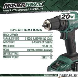 Masterforce® Ultra Compact 20-Volt Brushless Cordless 1/2" Hammer Drill ...