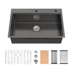 Cobbe Black Drop-in 33" Stainless Steel Two-Hole Single Bowl ...
