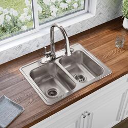 Dayton Drop-In 25" Stainless Steel 4-Hole Double Bowl Kitchen Sink at ...