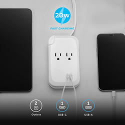 Globe Electric 2-Outlet 1 USB-A and 1 USB-C Portable Travel Power Block ...