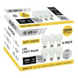 GT-Lite® 100 Watt Equivalent A19 E26 Soft White LED Light Bulb - 6 Pack ...