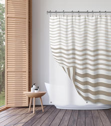 The Bath Shoppe™ White and Khaki Horizontal Striped Canvas Shower Curtain with Peva Liner and ...