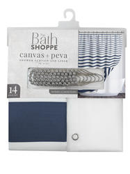 The Bath Shoppe™ White and Navy Blue Horizontal Striped Canvas Shower Curtain with Peva Liner ...