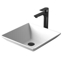 Karran Quattro 16"W White Square Vessel Sink with Matte Black Faucet at ...
