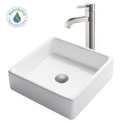 Kraus® 15"W x 15"D White Square Vessel Sink with Ramus Satin Nickel ...