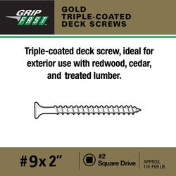 Grip Fast® #9 x 2" Square Drive Gold Flat Head Triple Coated Exterior ...