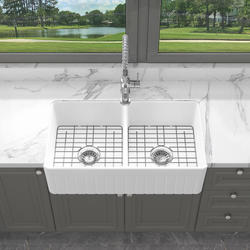 Sinber Farmhouse/Apron Front 33" White Fireclay Double Bowl Kitchen ...