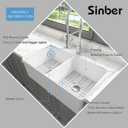 Sinber Farmhouse/Apron Front 33" White Fireclay Double Bowl Kitchen ...