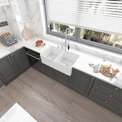 Sinber Farmhouse/Apron Front 33" White Fireclay Double Bowl Kitchen ...