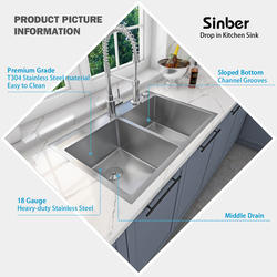 Sinber Drop-in 33" Stainless Steel 2-Hole Double Bowl Kitchen Sink at ...