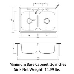 Sinber Drop-In 33" Stainless Steel 4-Hole Double Bowl Kitchen Sink at ...
