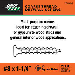 Grip Fast® #8 x 1-1/4" Square Drive Flat Head Coarse Thread Drywall ...