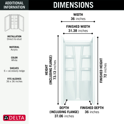 Delta® Hycroft® 2.0 ProCrylic® 36"W x 36"D x 73-1/8"H White Shower Wall ...