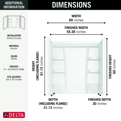 Delta® Hycroft® 2.0 ProCrylic® 60"W x 30"D x 61-1/8"H White Bathtub ...