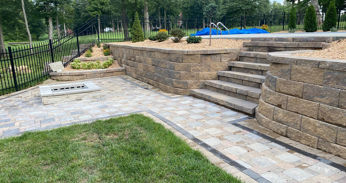 Pool Area Retaining Wall with Steps, Paver Walkway & Fire Pit - Project ...